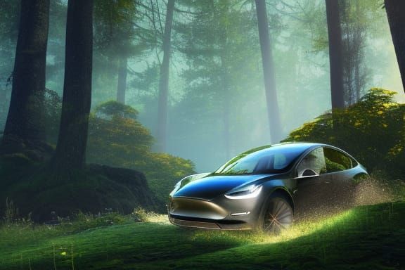 Tesla Model Y Drives Through Green Forest in Matte... - AI Art