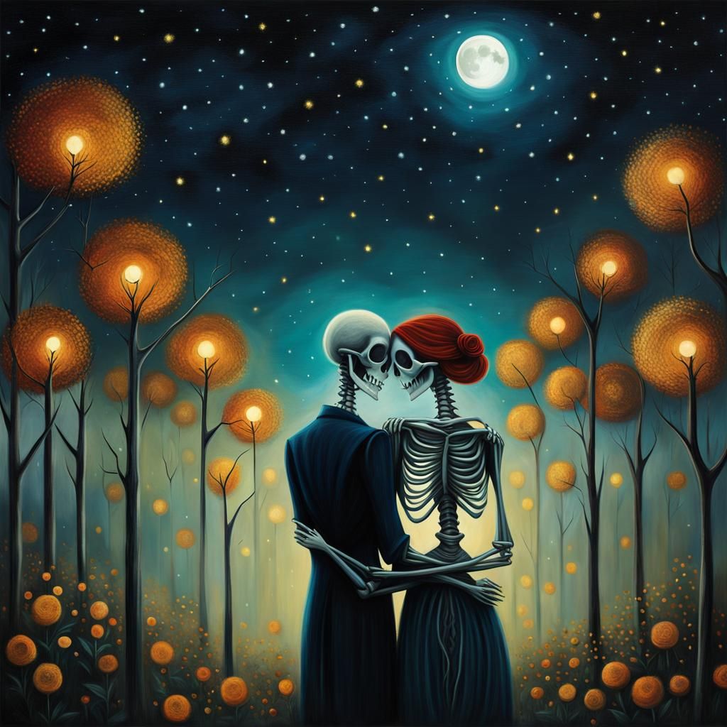 A couple of beautiful skeletons embracing by the full moon in the ...