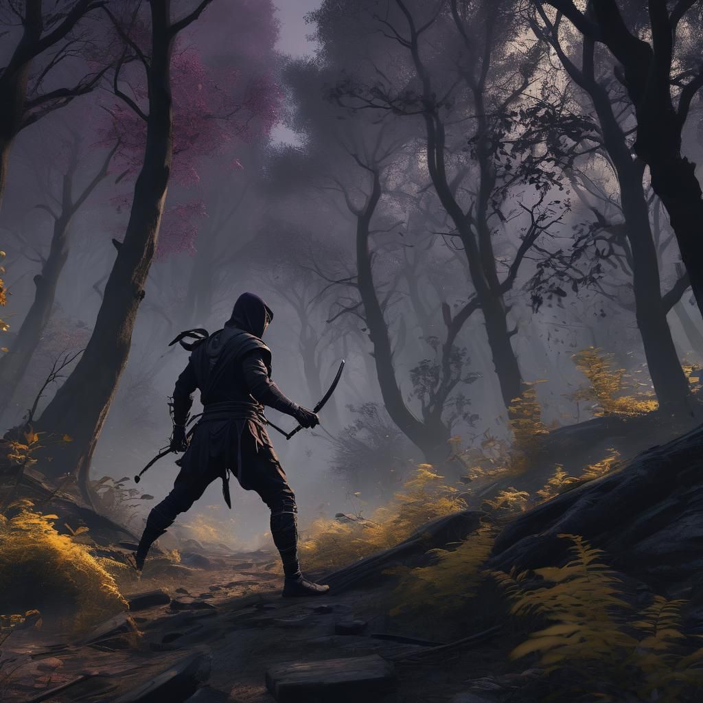 Masked ninja warrior walks through a shadowy forest of scraggly black ...