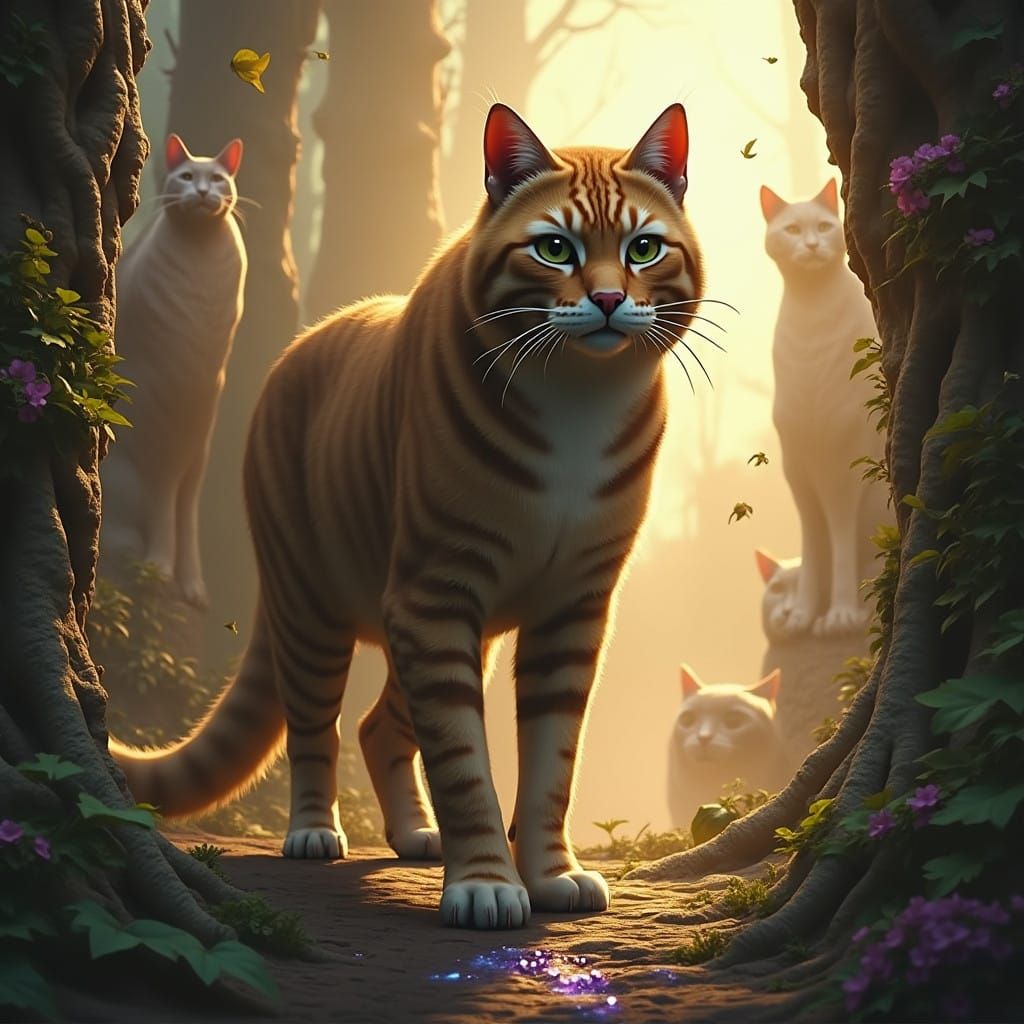 cat gang 3D - Regal Feline Gathering in a 3D Fantasy Realm