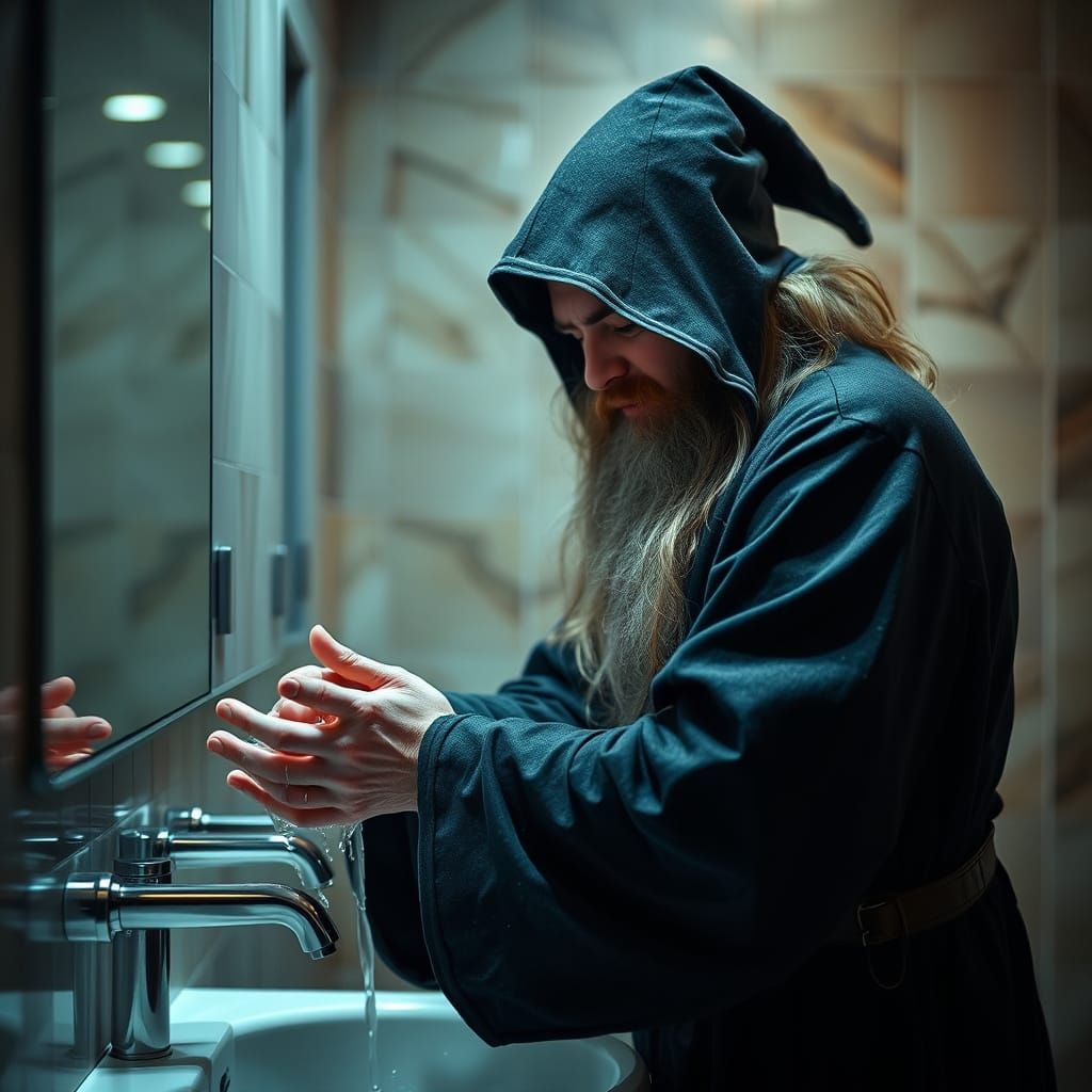 A Wizard Washes His Hands in a Public Restroom Sce... - AI Art