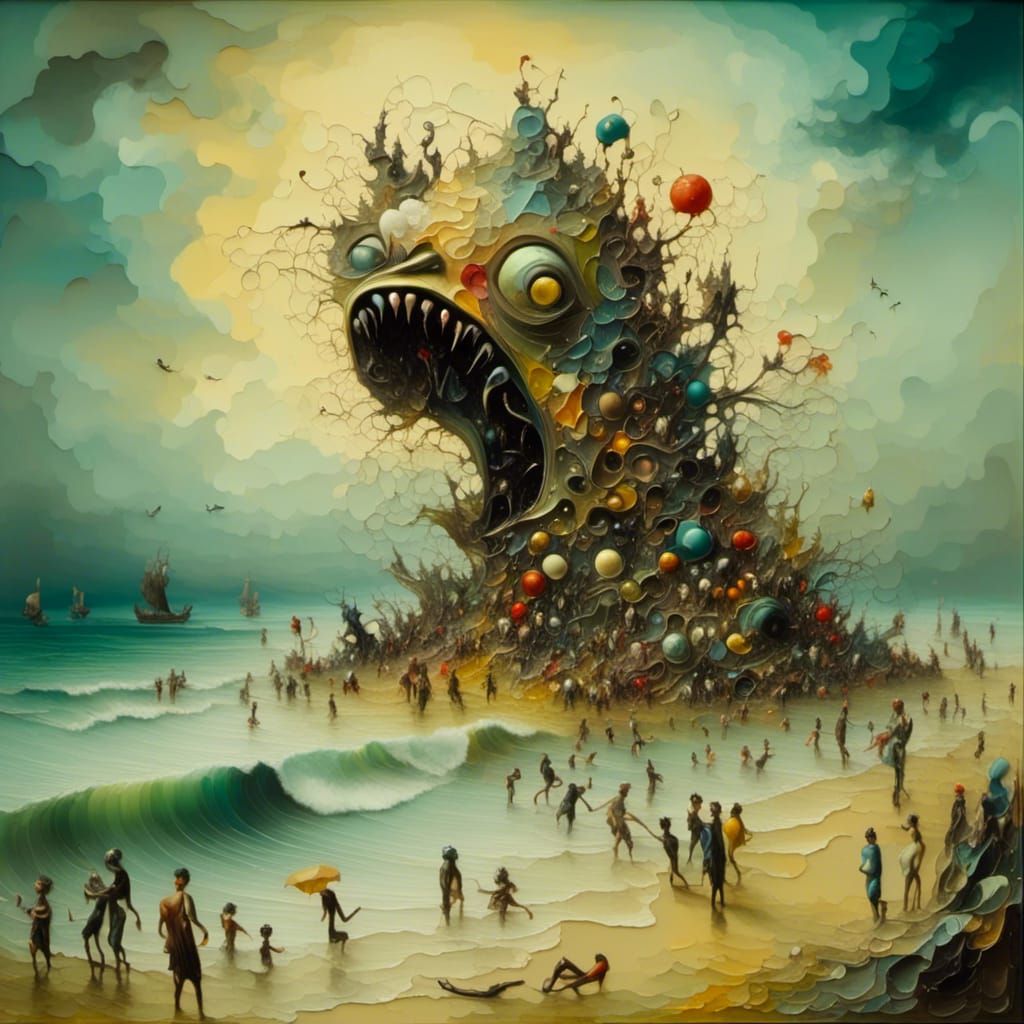 Terrifying monster emerges from the sea of a beach crowded with people ...