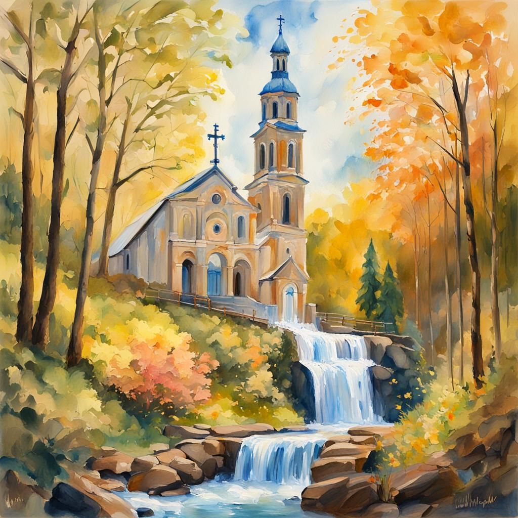 golden spring waterfall and catholic church 3 - AI Generated Artwork ...