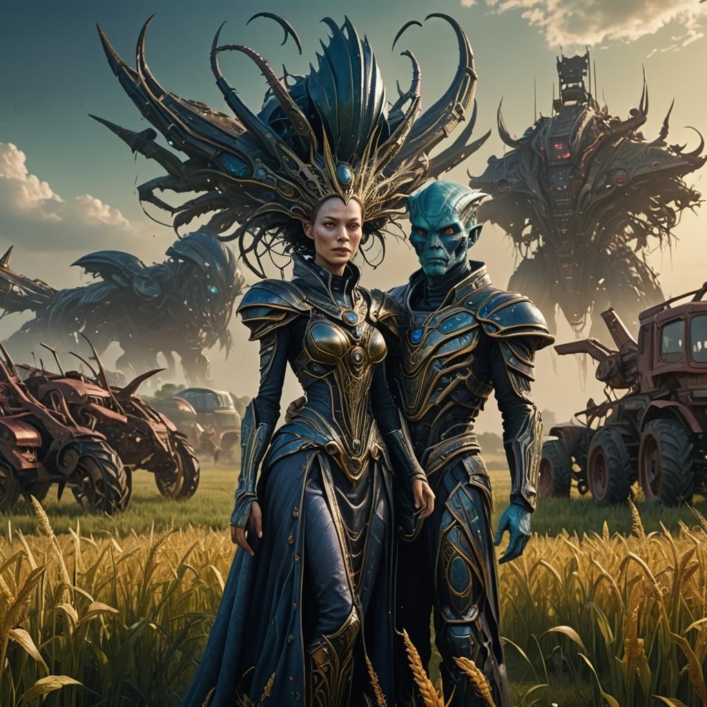 An alien Empress in a farm field with a Human Framer - AI Generated ...