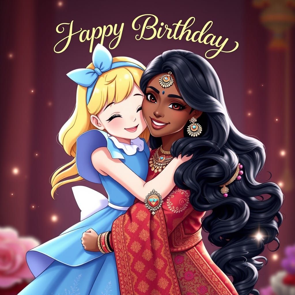 Blonde Alice in Wonderland Hugs Indian Beauty with... - AI Art