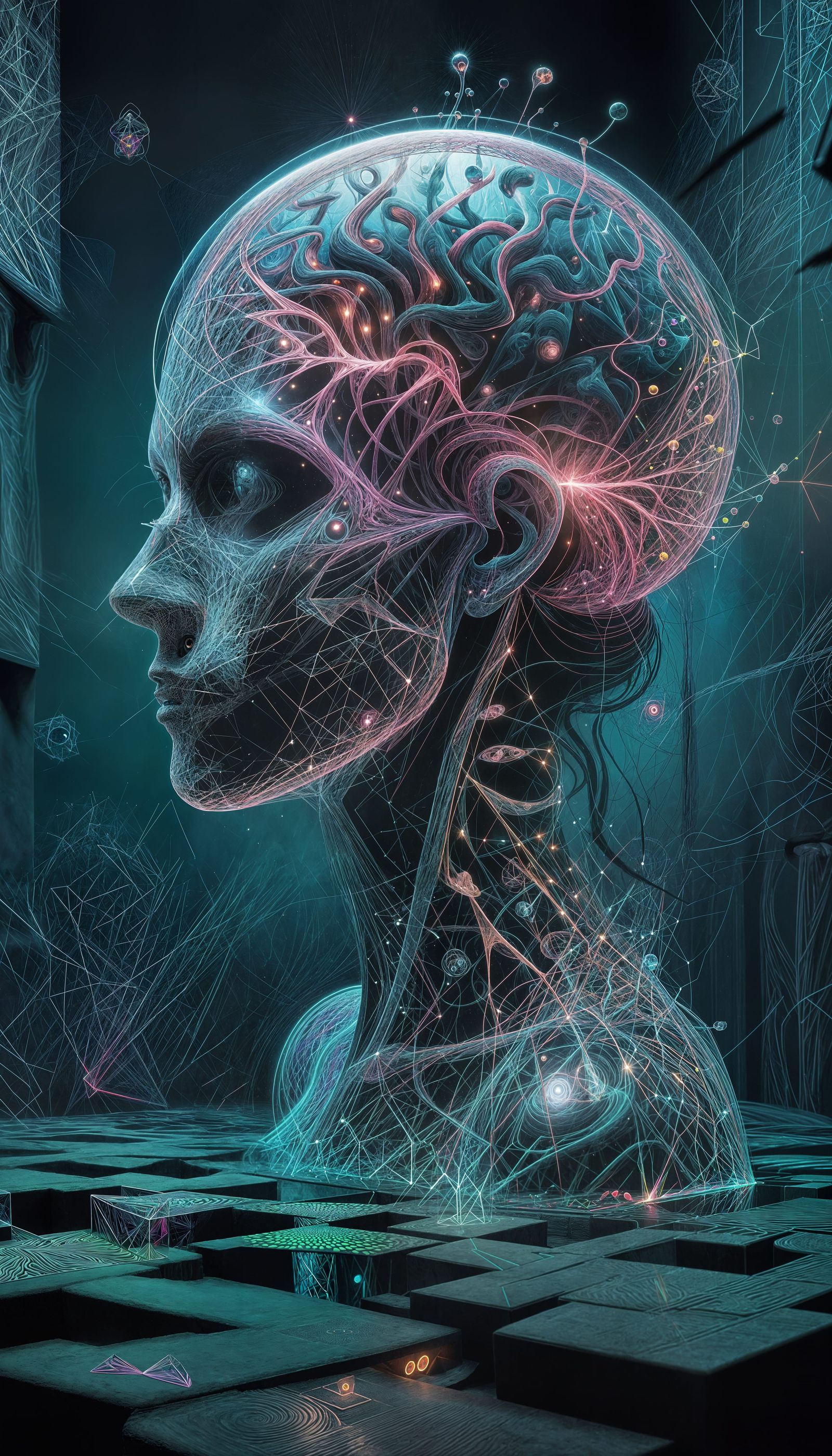 A triptych of interconnected scenes visualizing various optical illusions, in the vibrant ...