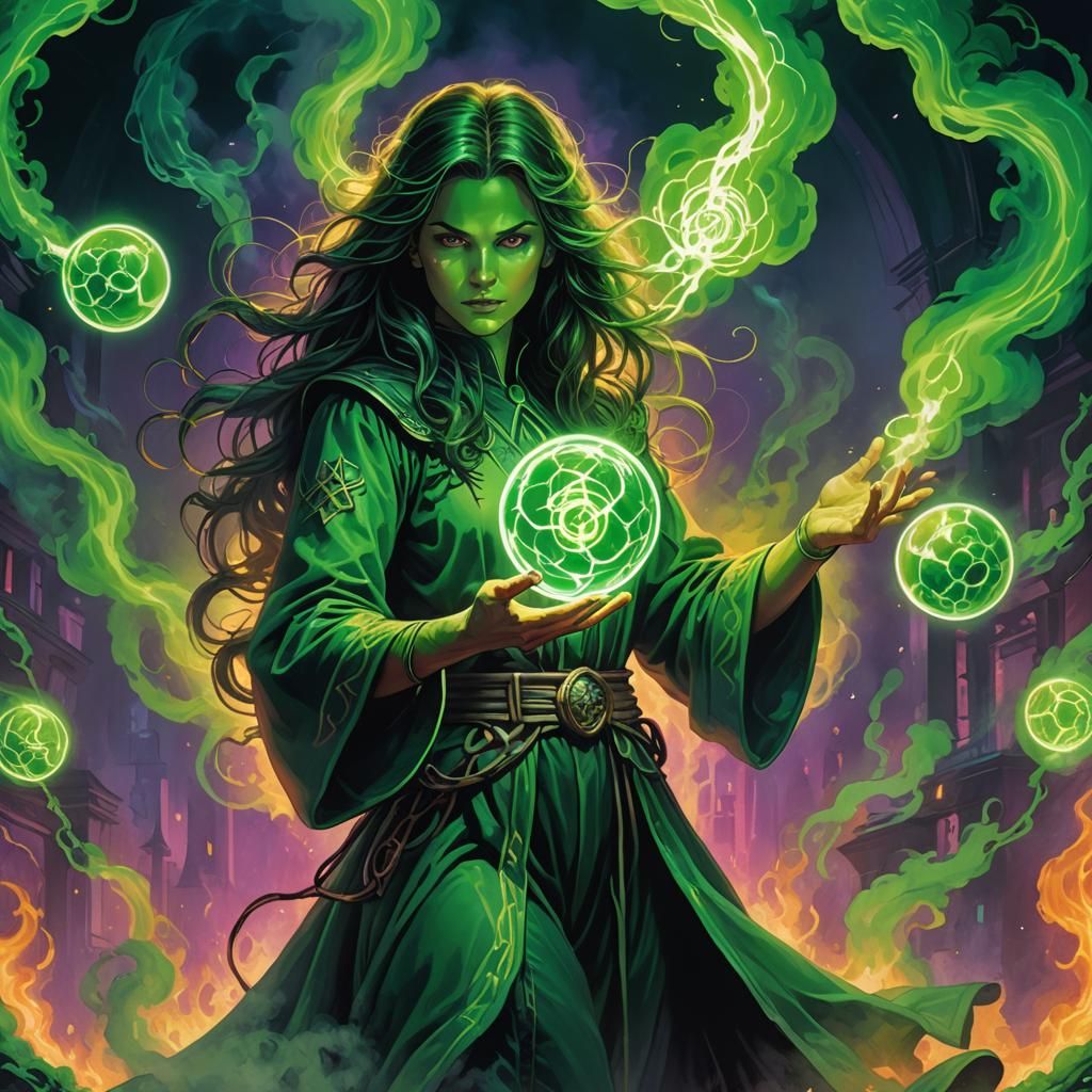 female wizard surrounded by green smoke green flames, holding a ball of ...