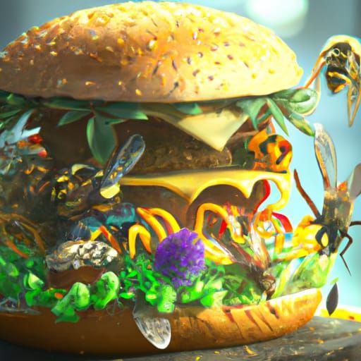 A Cheeseburger with a Hornet, a bee, ants and bugs into the burger ...
