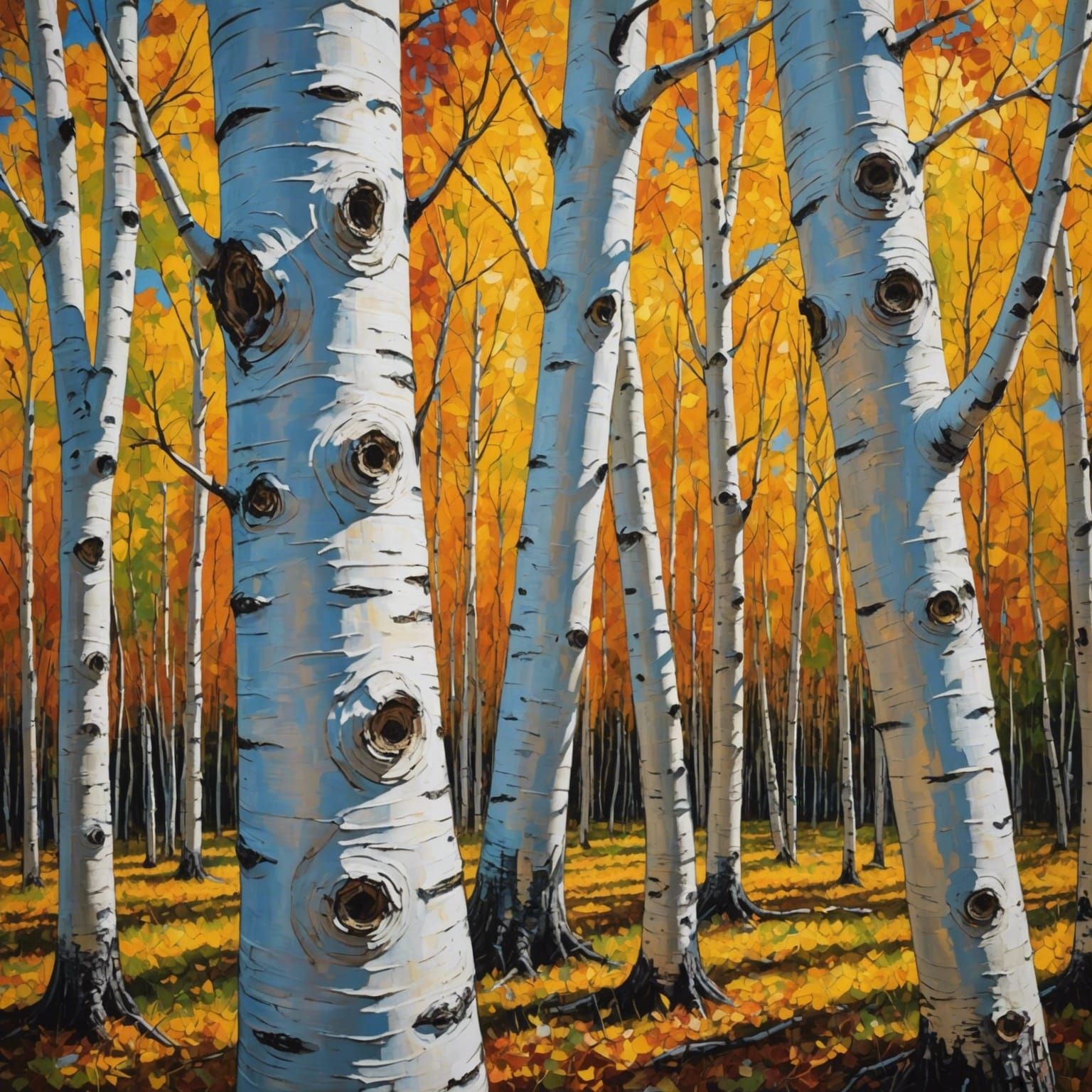 Extreme, exagerated, Heavy Impasto painting of aspen trees with gnarly ...