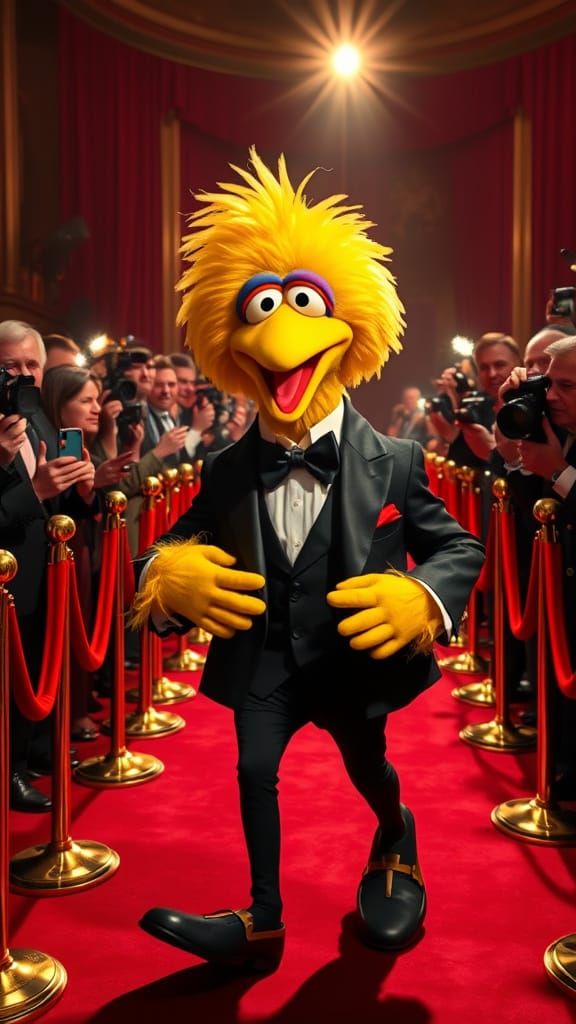 Big Bird walking the red carpet at the Oscars, velvet ropes, paparazzi ...