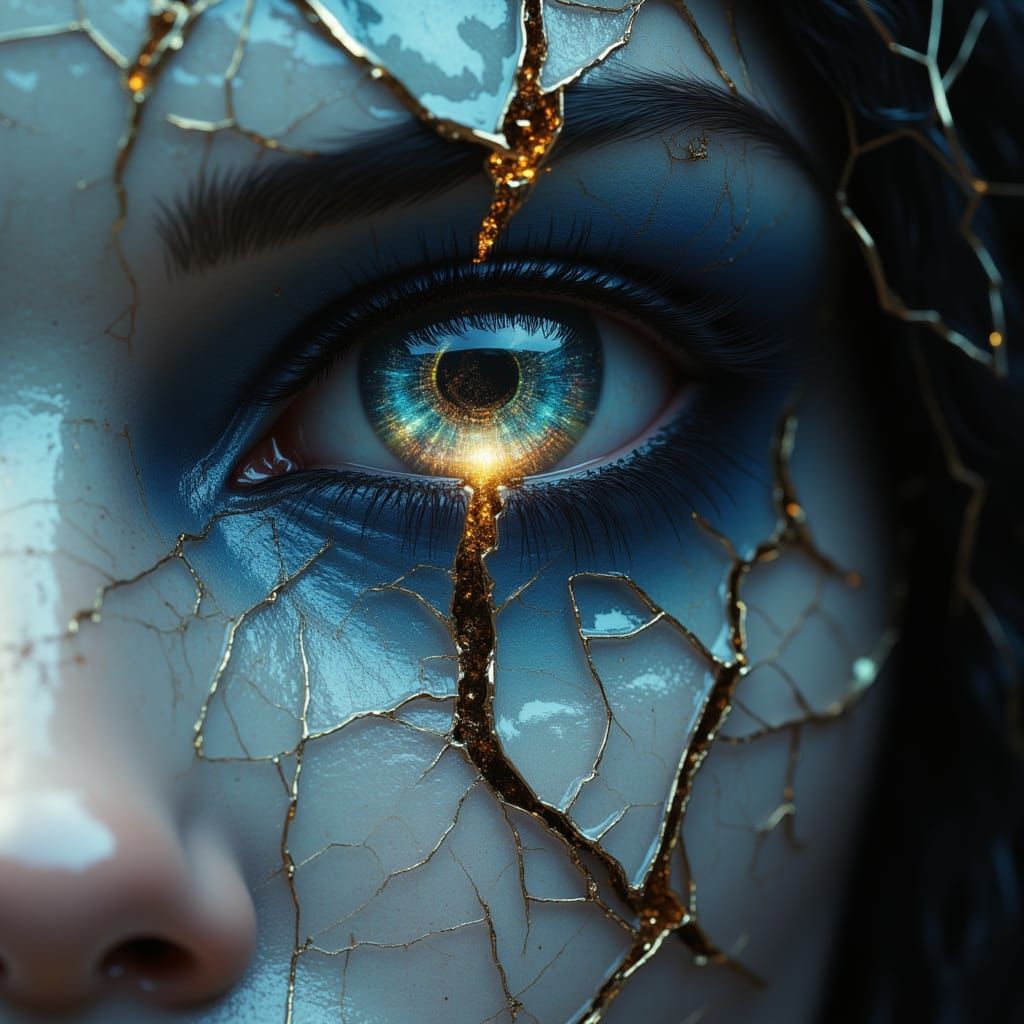 close-up portrait craced eyes of a ice cold blue with galaxy of cracked ...