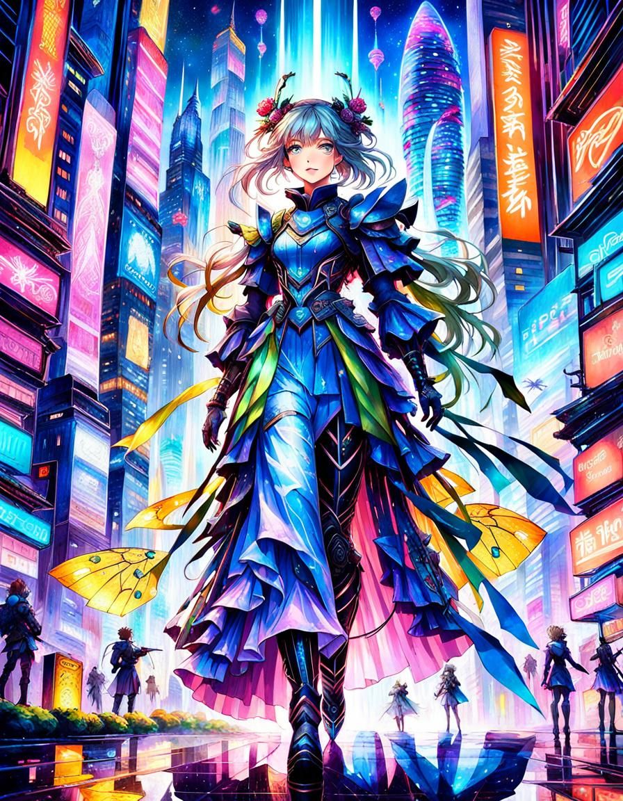 (epic anime poster art of a cute magical girl wears a colorful ruffle ...