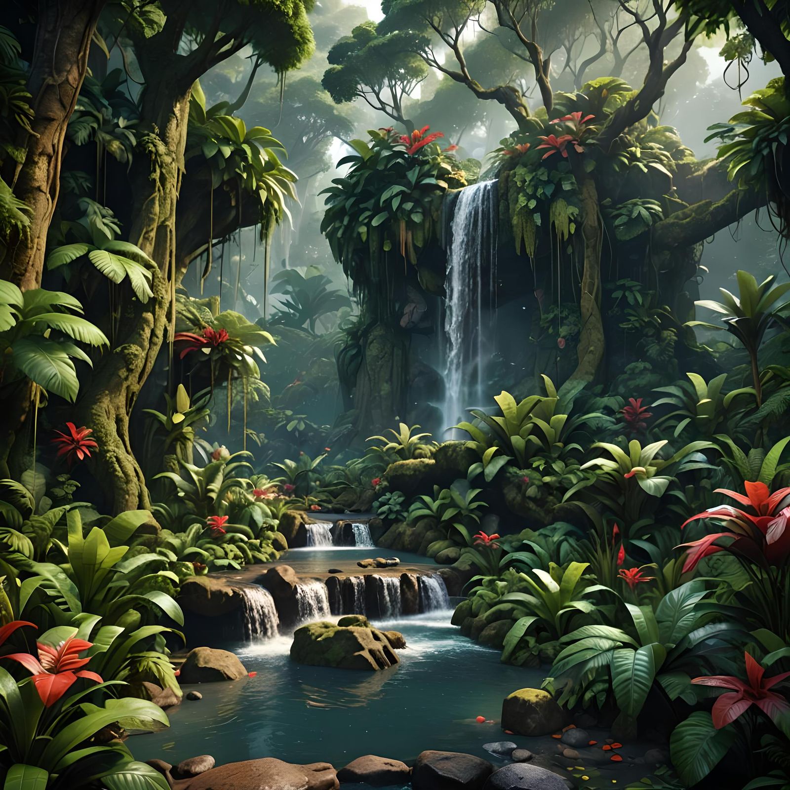 A beautiful rainforest garden with a waterfall - AI Generated Artwork - NightCafe Creator