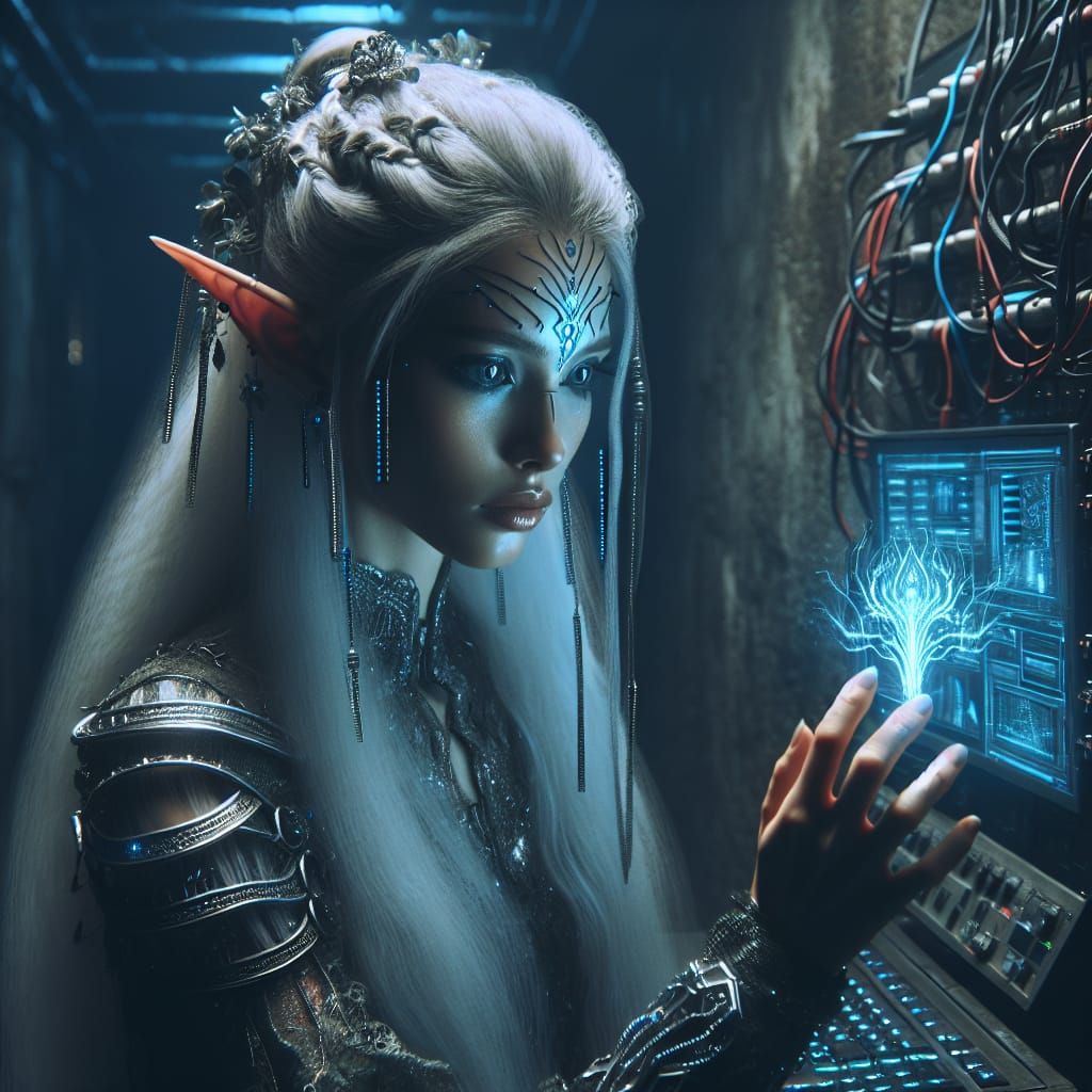 female elven shadowrun Netrunner with upgraded cybernetics connecting ...