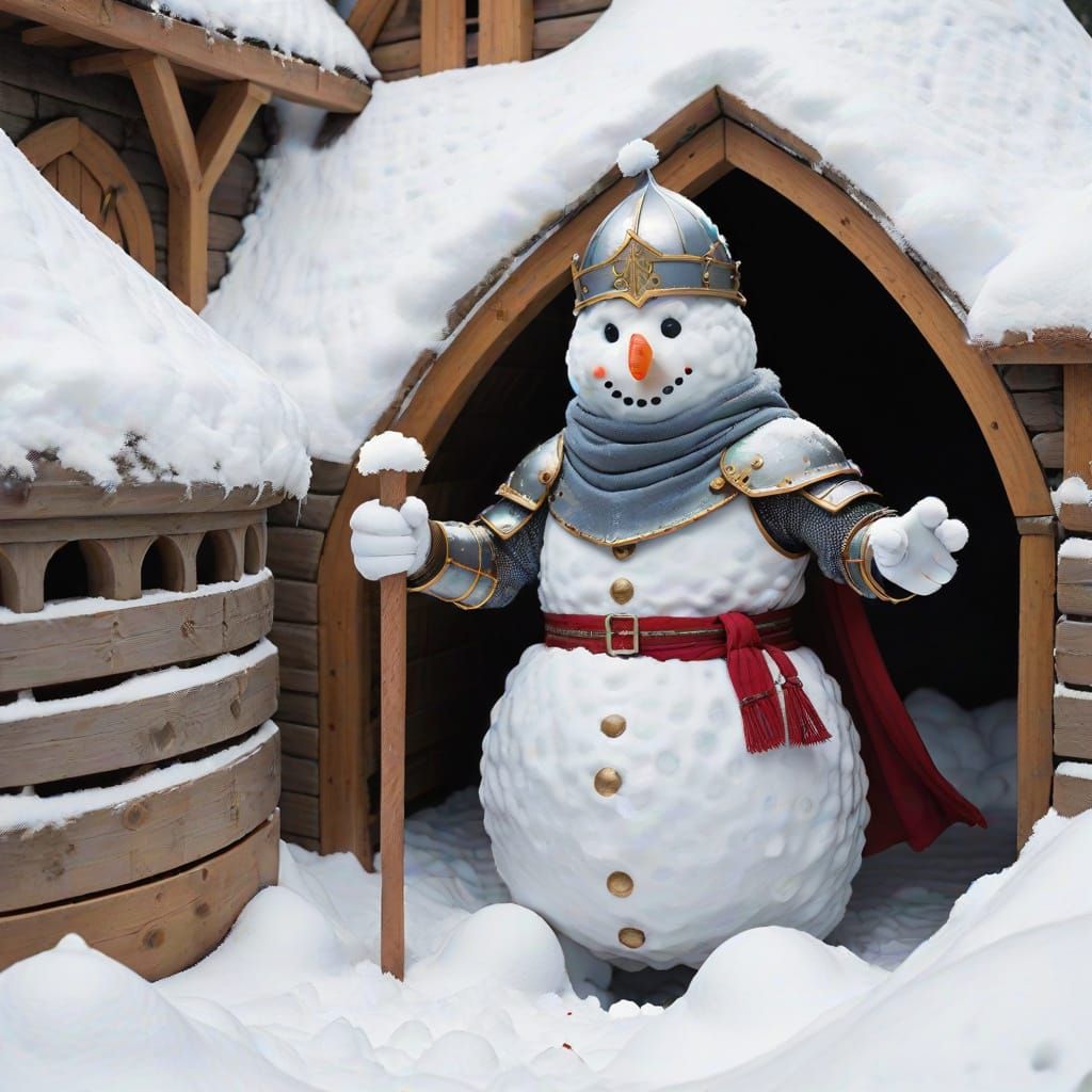 Snowman dressed as a medieval knight hides inside his snow fort. as ...