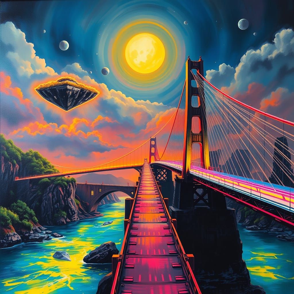 Surreal Bridges in Vibrant Artwork - AI Art