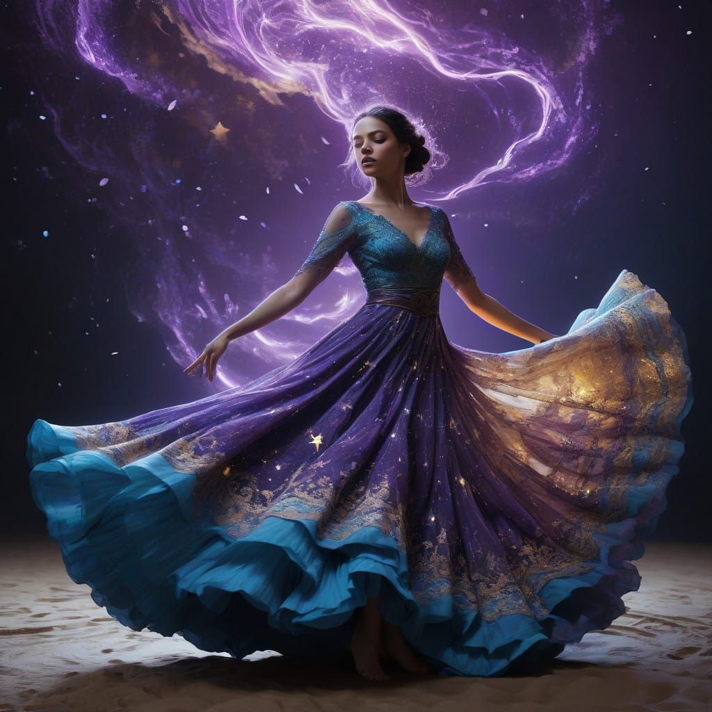 A flamenco dancer, clad in a crystalline, floor-sweeping gown with ...