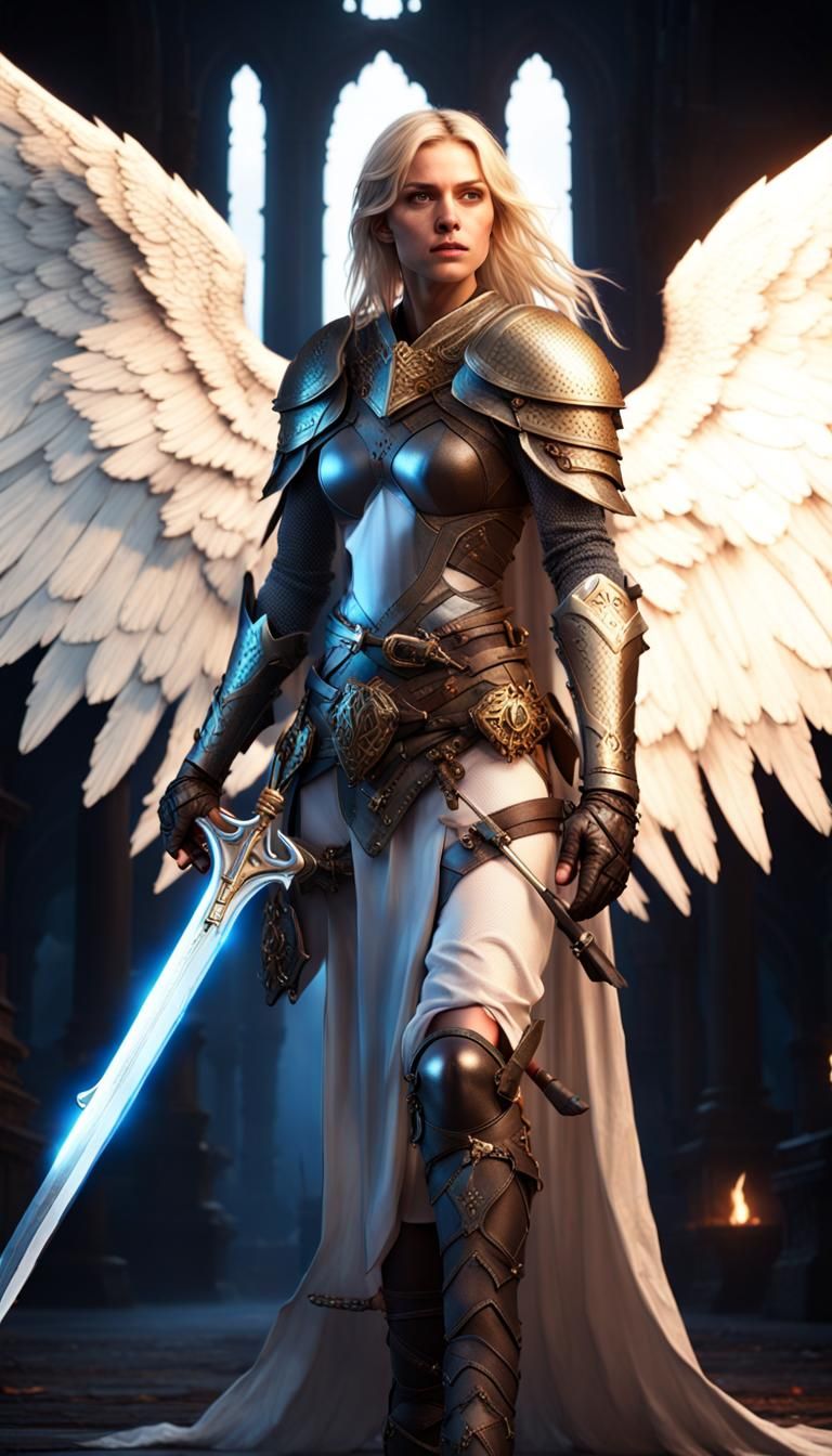 Female aasimar with blonde hair and blue eyes in full body chain mail with white wings holding ...