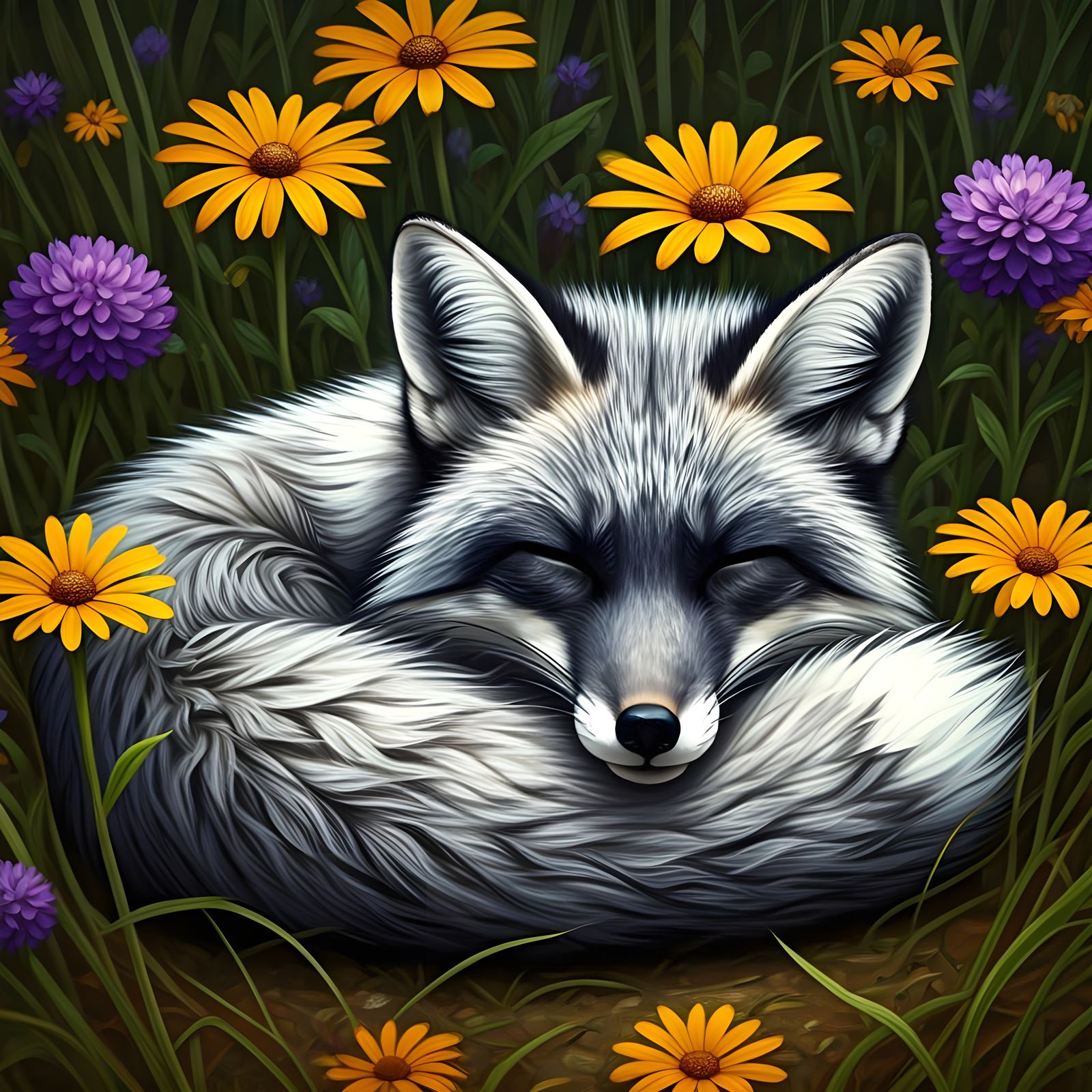 Peaceful Fox Nap - Vibrant Fox Serenity in a Floral Meadow