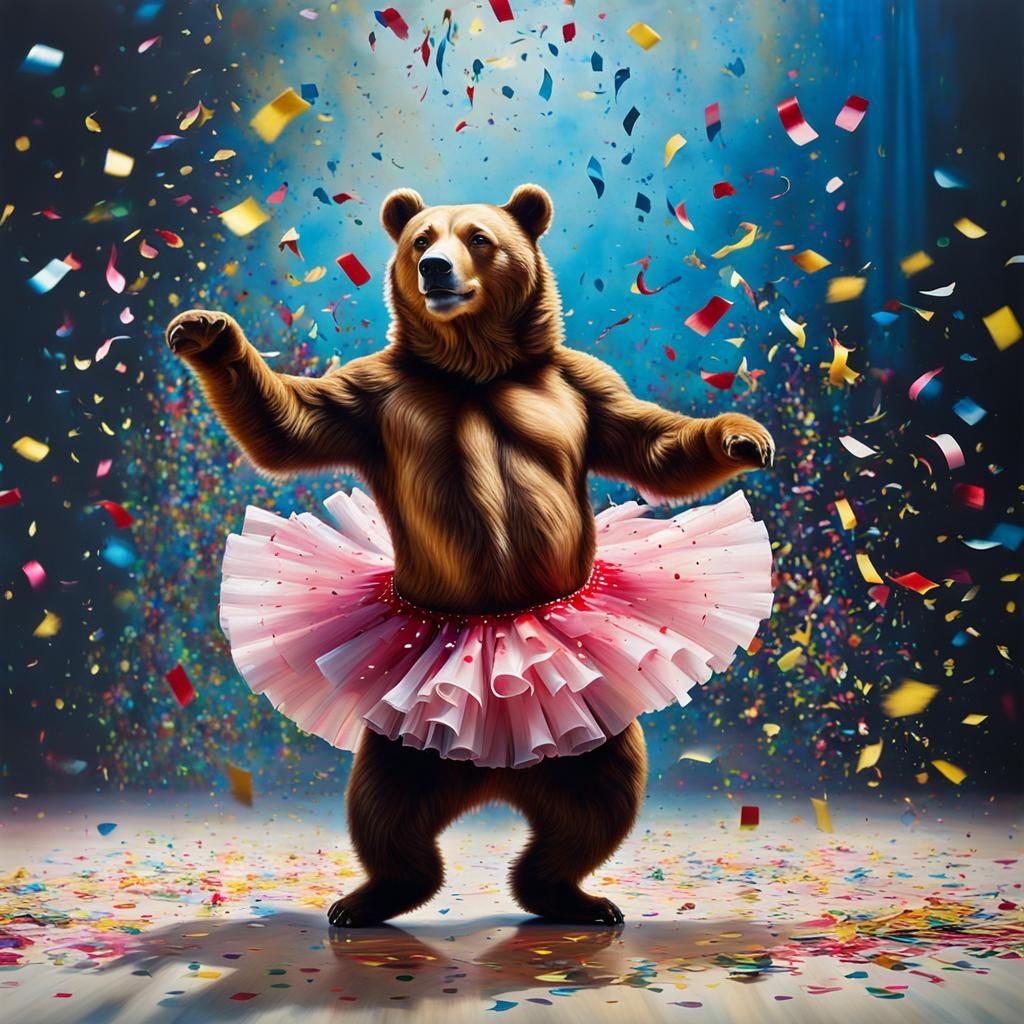 photorealistic: (3D 2.5): flamboyant ballet dancing bear flinging confetti from tutu: confetti ...