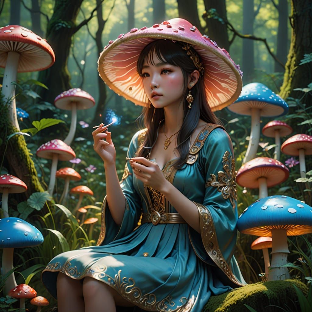 Anime-Inspired Woman Sits on Whimsical Toadstool i... - AI Art