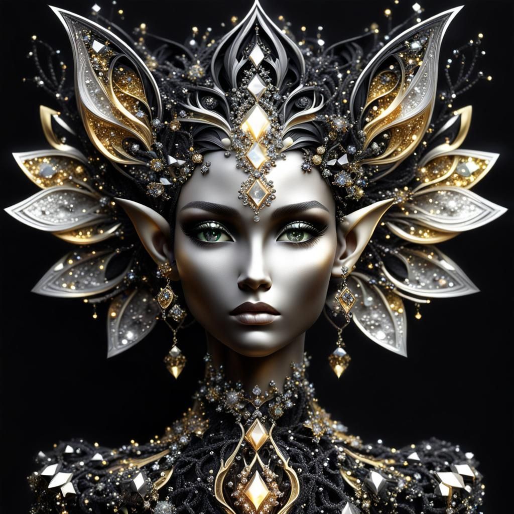 unique, amazing fractal, beautiful Elf, she is made of soft black, shimmering gold, shiny metal ...