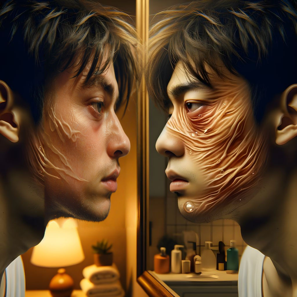 Young Man Contemplating Stress in Bathroom Mirror - AI Art