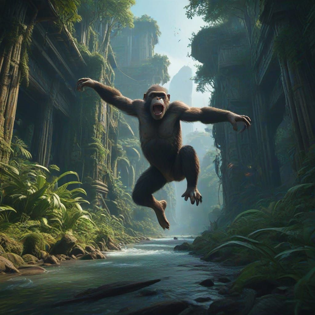 Monkey Leaps in Epic Jungle Ruins Scene - AI Art