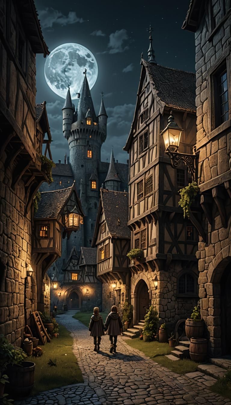 While walking around the medieval castle at night - AI Generated ...