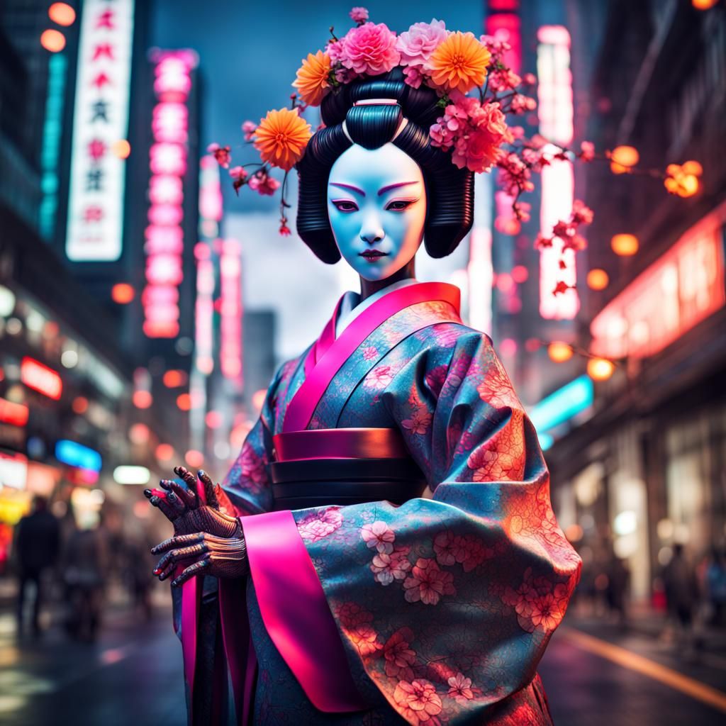 Miyazaki art style robot geisha android wearing neon with flowers while ...