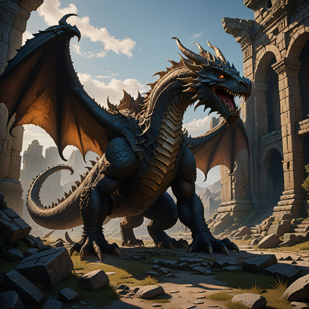 Bulky Brown Dragon Roars Amidst Ancient Ruins in H... - AI Art