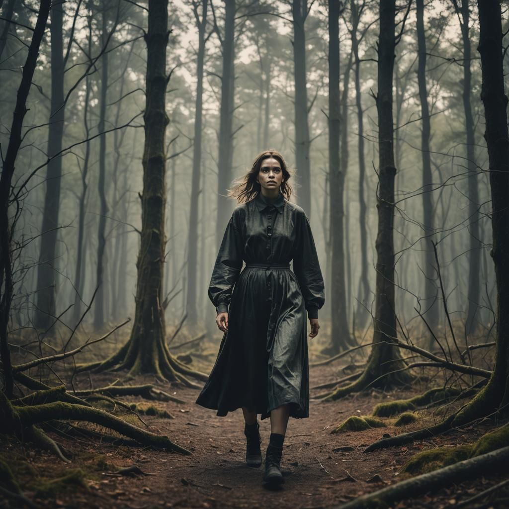 Fantasy horror, a young woman crossing the haunted forest, a large ...