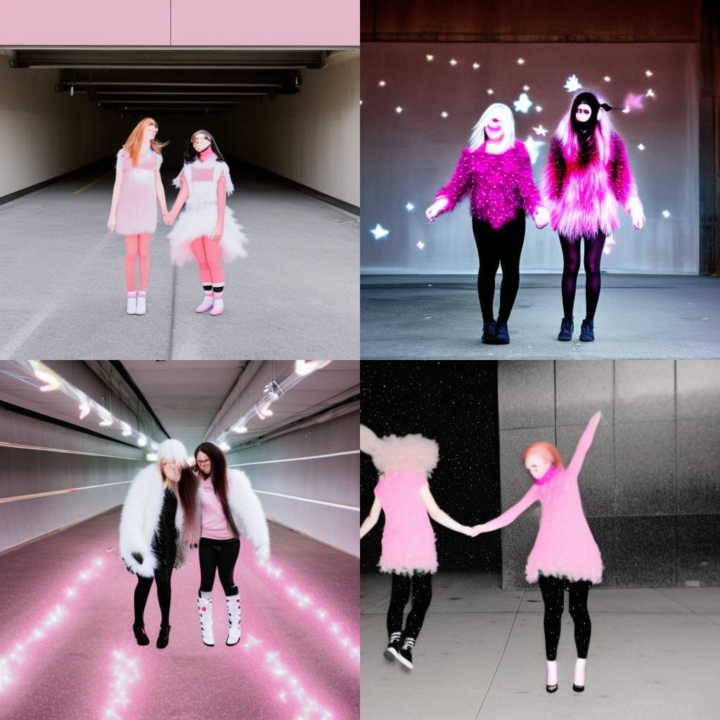 Fuzzy static goth best friends in a parking garage holding hands while ...