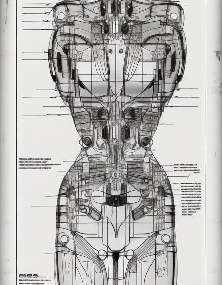 Detailed schematics of a female cyborg, venetian woman, blueprints ...