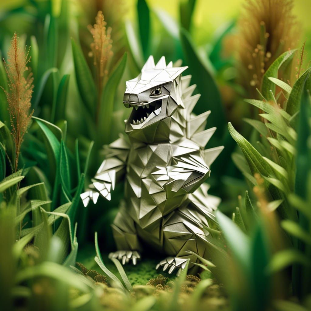 Tiny Funko Paper Craft Origami Godzilla Surrounded by Tall Grass and ...