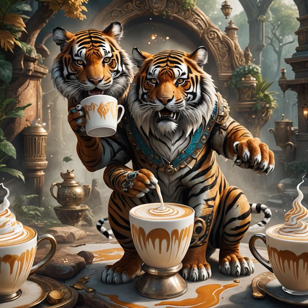 Tigers sharing Lattes - AI Generated Artwork - NightCafe Creator