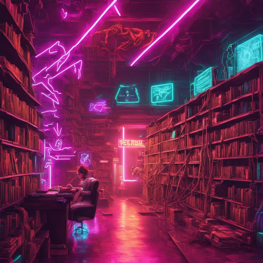 Cyberpunk neon library - Cyberpunk City Library in Neon Ligh...