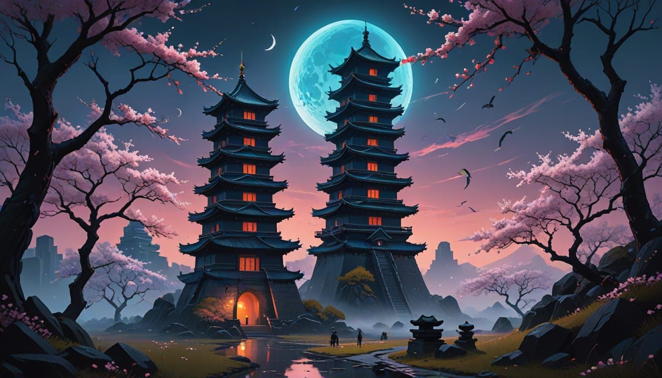 Mystical Tower Shrouded in Cherry Blossoms and Anc... - AI Art