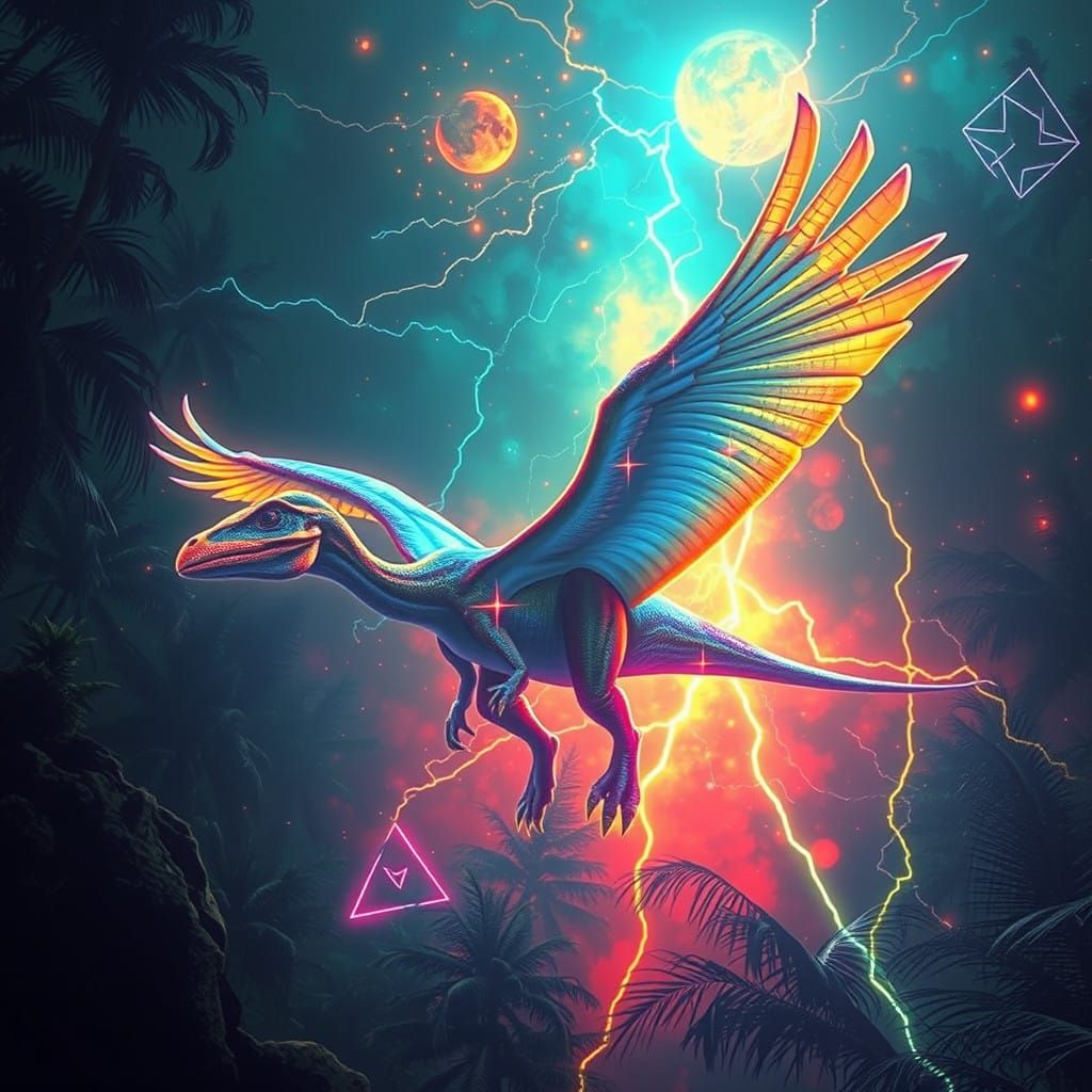 Cosmic Pterosaur Unveiled in Holographic Storm - AI Art