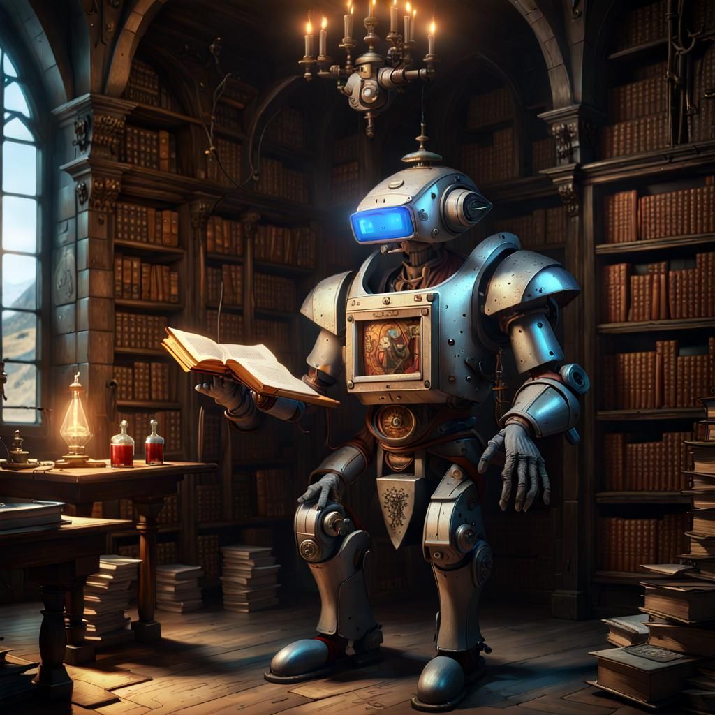 The Librarian in a medieval castle is a sci-fi Robot-Knight : r/nightcafe