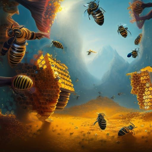 bees making honey detailed matte painting, deep color, fantastical ...