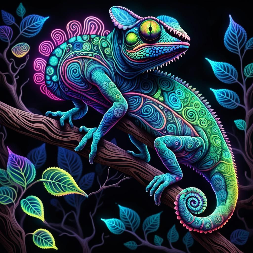 Glowing neon horror chameleon on psychedelic fractal zentangle tree ...