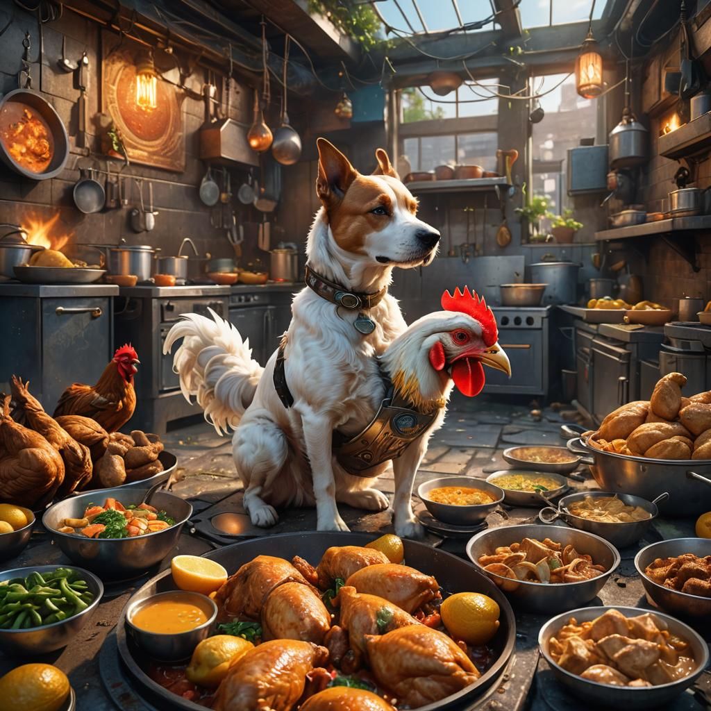 Solarpunk dog cooking a huge chicken - AI Generated Artwork - NightCafe ...