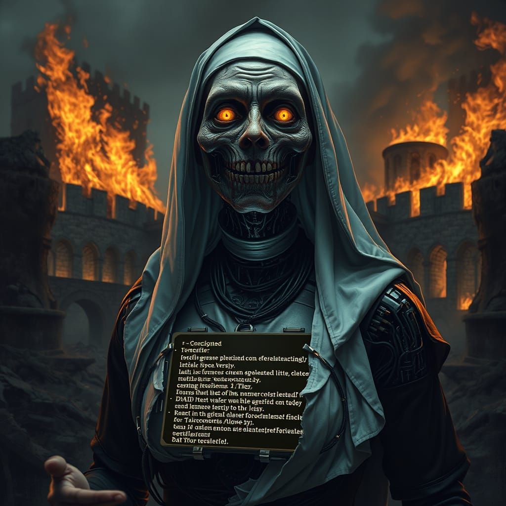Cyberpunk Nun with Mech Torso and Source Code Disp... - AI Art