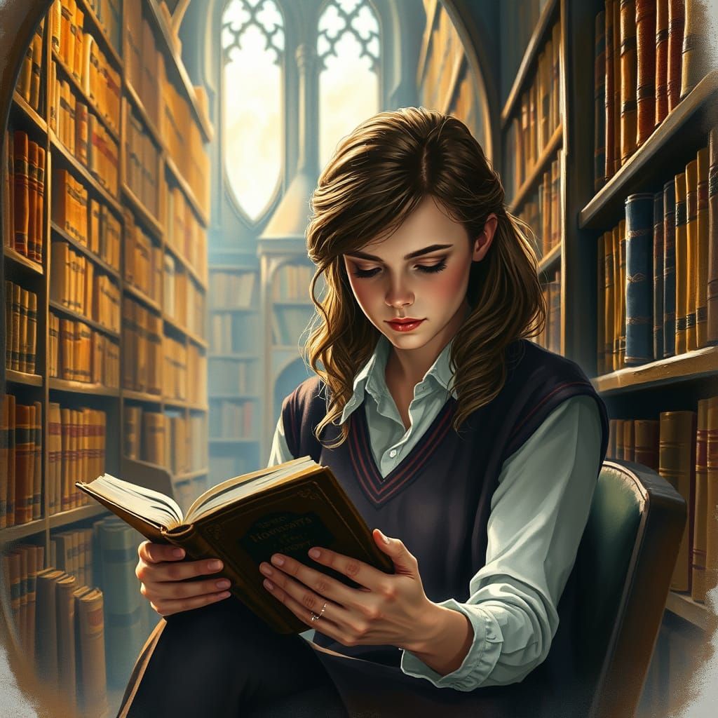 Hermione reading the book "Hogwarts, a History"