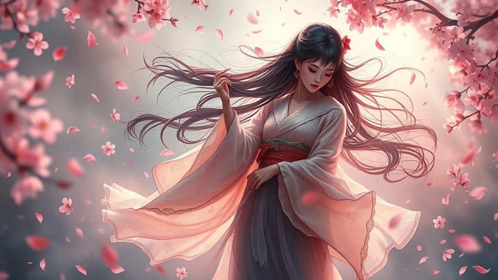 Ethereal Geisha Phantom Dances Among Falling Sakur... - AI Art