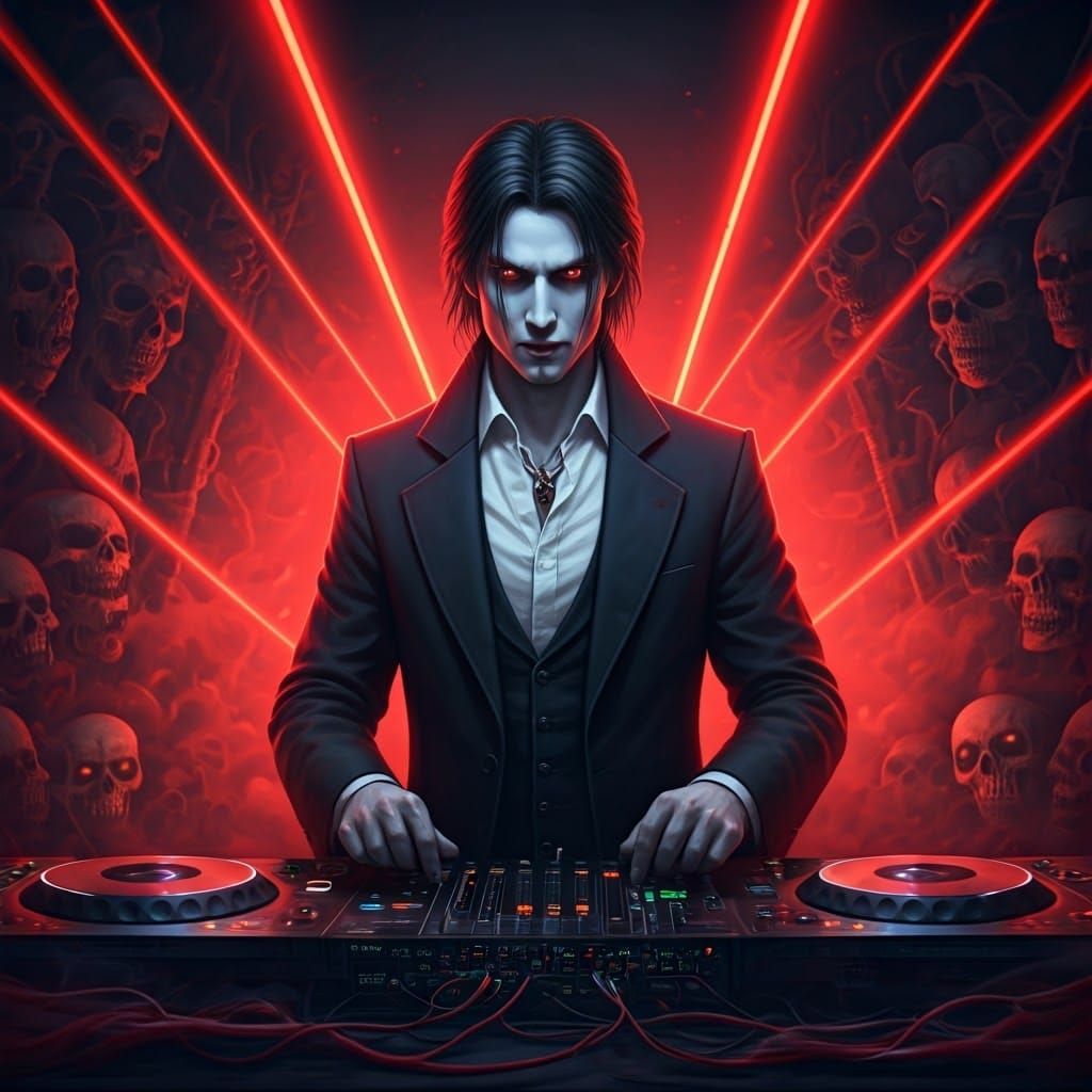 A vampire DJ spinning tracks at a rave.