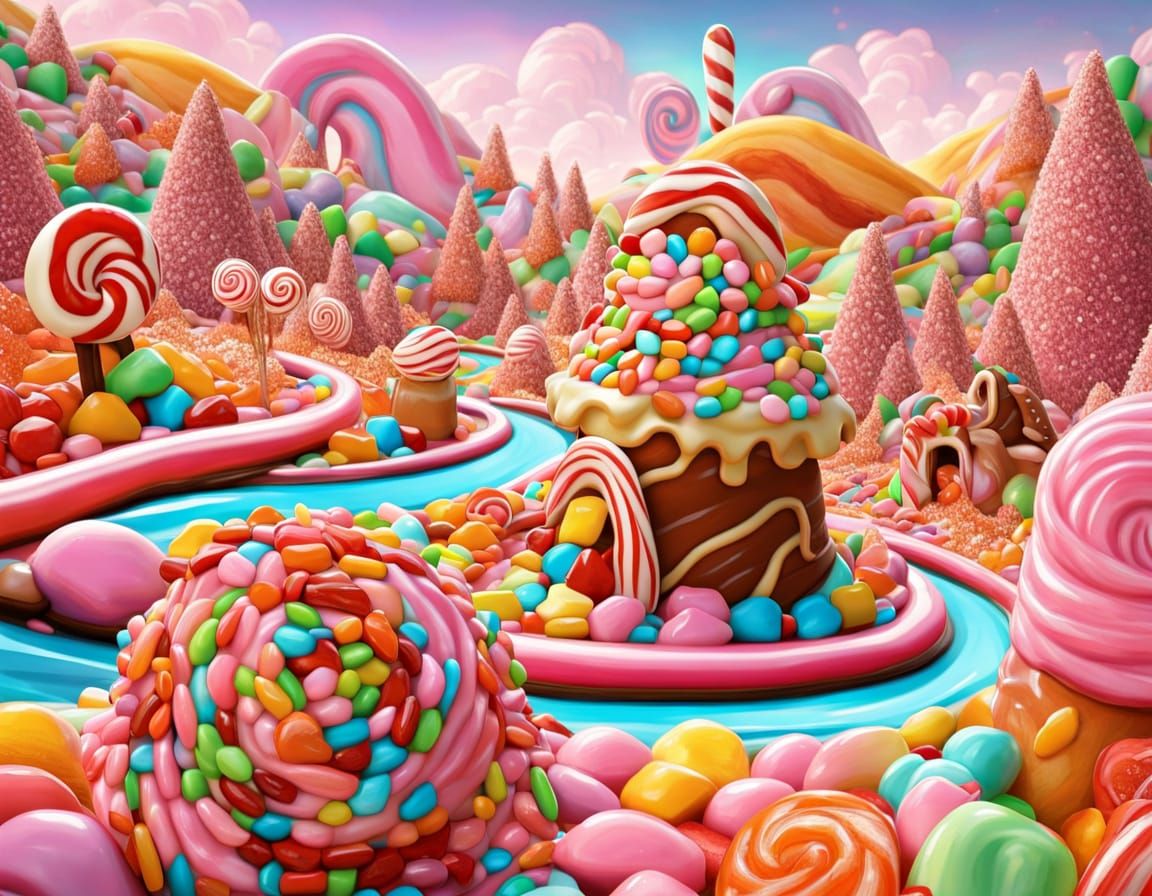 A whimsical train made of different candies rolling through a candy ...