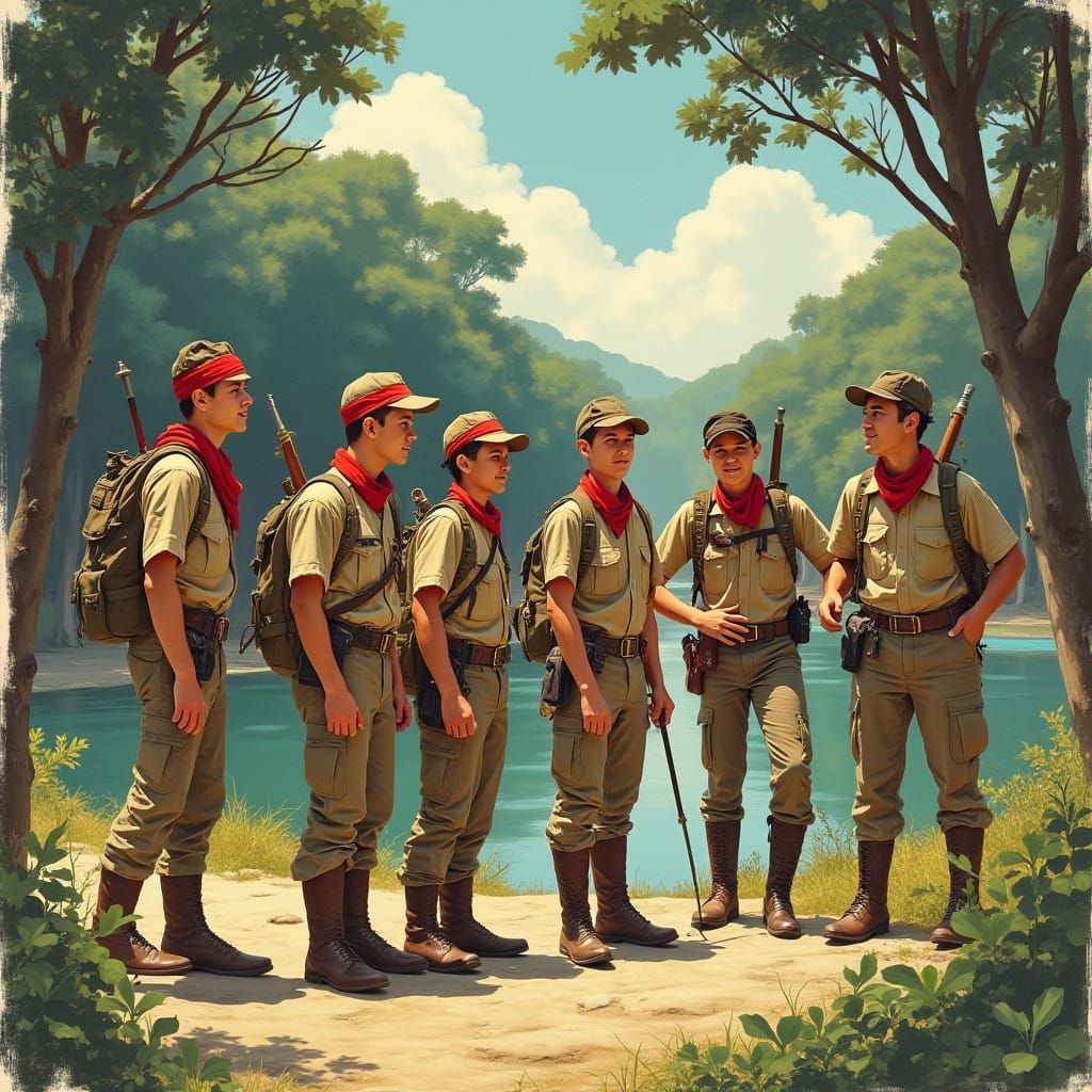 Youthful Scout Troop Gathered in Vibrant Forest Ca... - AI Art