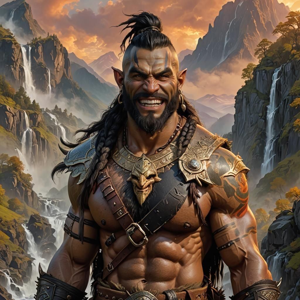 High fantasy epic attractive orc barbarian, beard, muscular, black ...